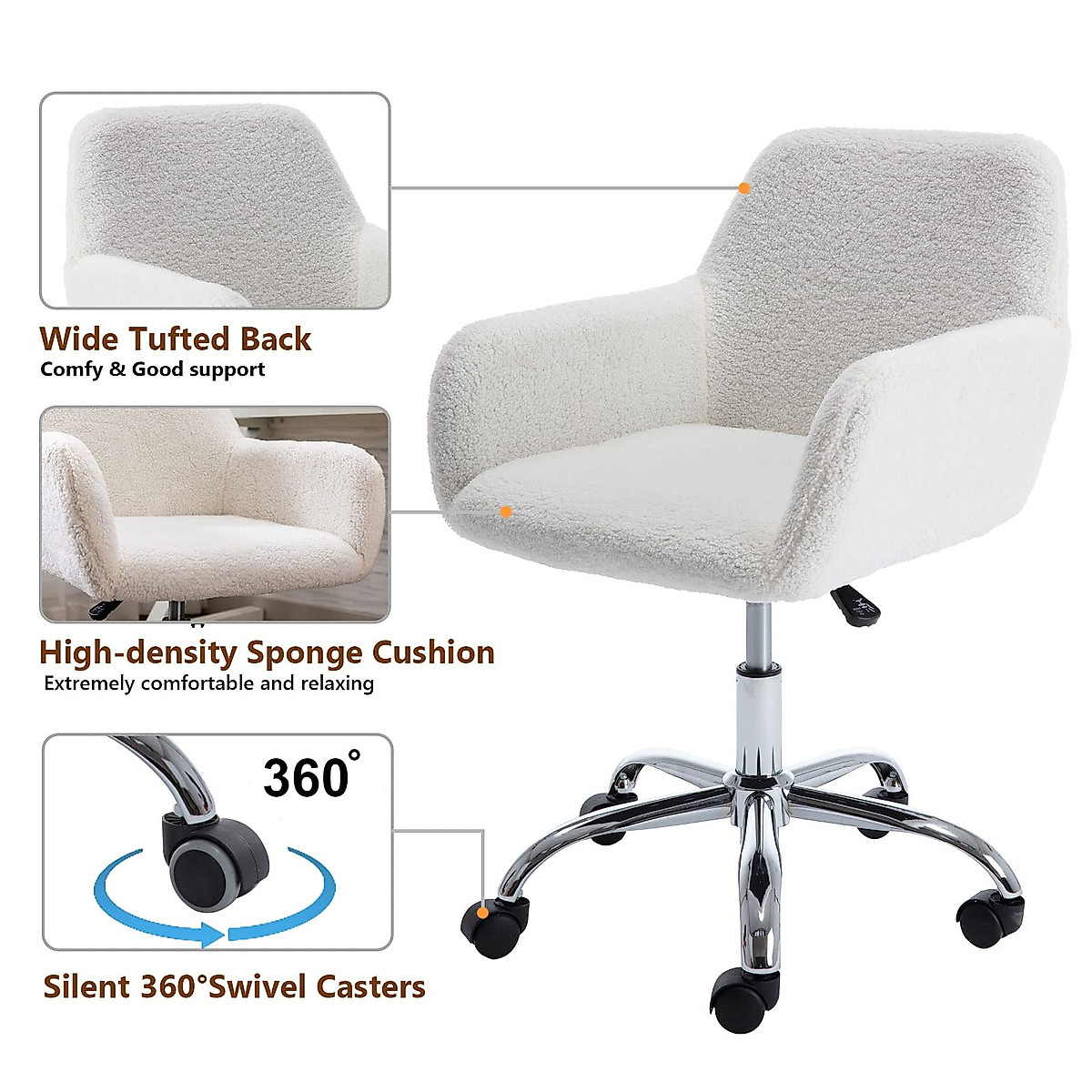 Henf White Vanity Chair Desk Chair Small Home Office Makeup Adjustable Swivel Chair Cute Chair Shell Shaped with Metal Legs for Bedroom Makeup Living Room