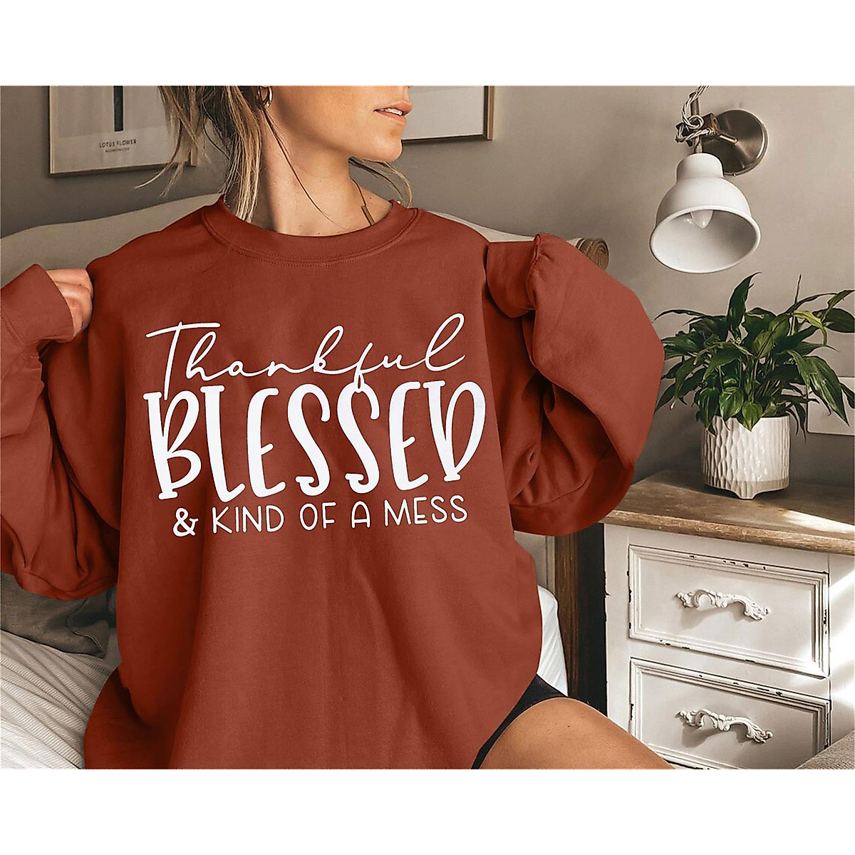 VILOVE Thankful Blessed and Kind Of a Mess Sweatshirt Women Thanksgiving Pullover Blessed Sweatshirt Oversized Tops Brown