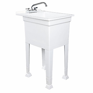 UTILITYSINKS 18 Inch Plastic Freestanding Utility Tub Sink with Heavy Duty Stainless Steel Swing Faucet for Garage, Laundry Room, and Garden, White