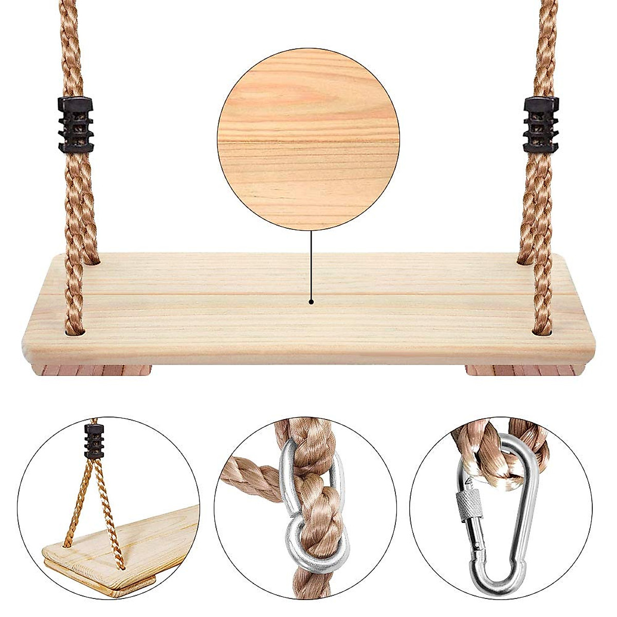 Wooden Tree Swing Set, Wooden Swing Seat with 2 Carabiners, 2 Strengthen Straps and Adjustable Rope for Kids Indoor Outdoor, 17.7'' x 7.5'' x 1.2''