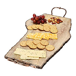 Creative Co-Op Mango Live Edge Wood Slab Serving Tray with Copper Finish Handles Cutting Board, 24" x 12.5", Natural