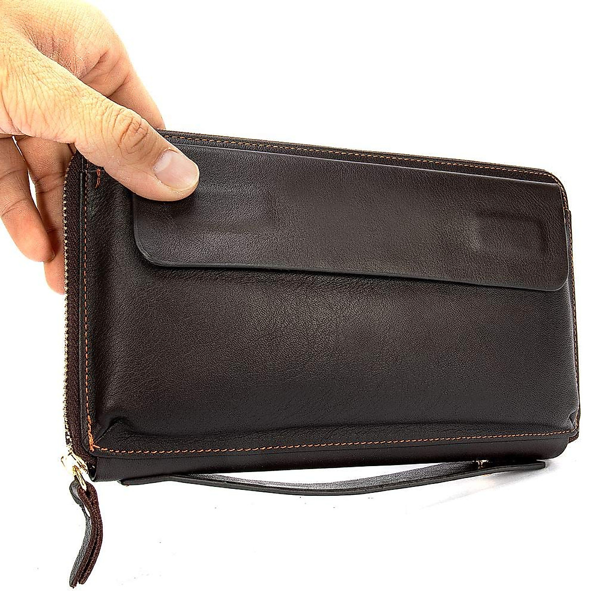 Real Leather Clutch Bags for Men Large Zip Around Genuine Leather Purse Vintage Retro Checkbook Handbag Coffee