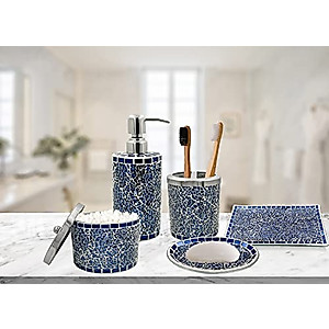 LushAccents Bathroom Accessories Set, 5-Piece Decorative Glass Bathroom Accessories Set, Soap Dispenser, Soap Tray, Vanity Tray, Jar, Toothbrush Holder, Elegant Midnight Blue Mosaic Glass