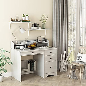 ITUSUT Computer Desk with 4 Drawers and Hutch, Home Office Desk with Wide Tabletop and File Drawer, Wood Executive Desk Writing Study Table PC Desk for Bedroom, Oak White
