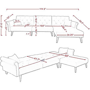 DNYN 115" Sectional Reversible Sofa with 2 Pillows & Chaise Lounge & Button Tufted L-Shaped Nailhead Decor Corner Sofá Convertible Sleeper Velvet Couch Bed for Living Room Furniture, Light Gray