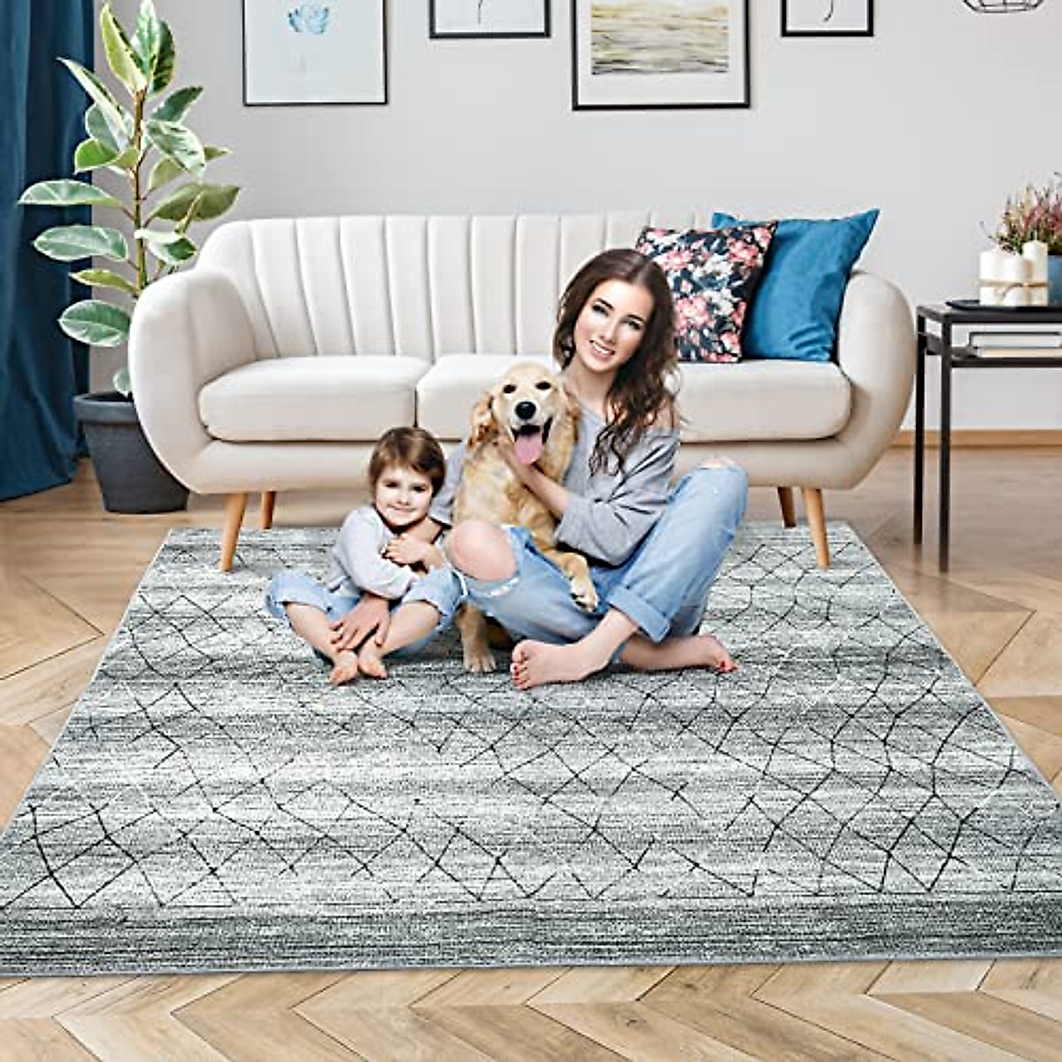 ROYHOME Area Rug Vintage Diamond Runner Rug Abstract Geometric Entryway Rug Washable Non-Slip Distressed Bedroom Mat Indoor Entrance Carpet for Living Room Kitchen, Grey, 2' x 6'
