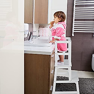 Costzon Kids Kitchen Step Stool with Safety Rail, 2 in 1 Solid Wood Montessori Learning Stool Standing Helper for Kitchen Counter, 2-Tier Seat Stool for Toddlers 18 Months-5 Years Old, White