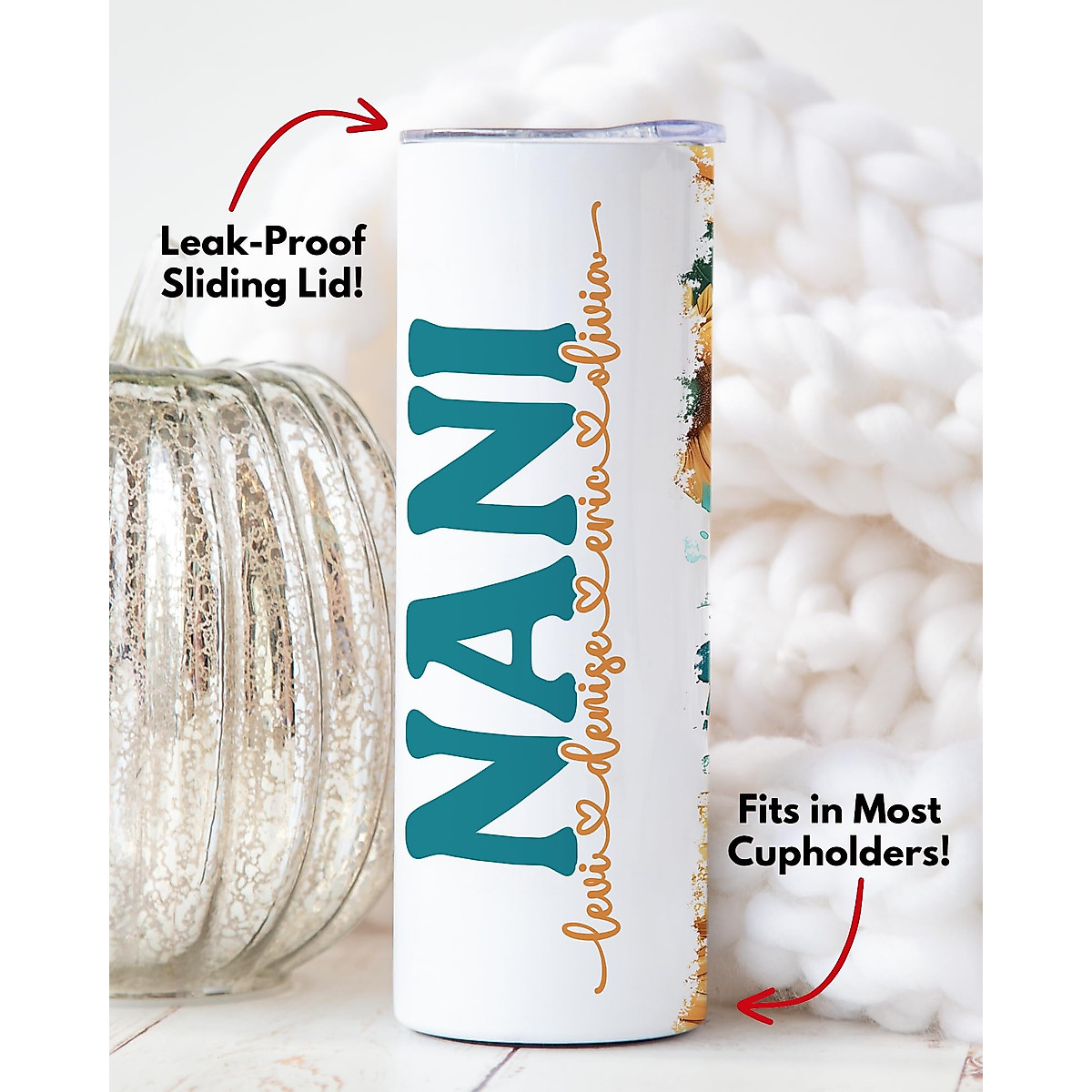 Personalized Nani Tumbler, 20 oz Stainless Steel Sunflower Cup with Lid & Straw, Custom Grandma Gift with Grandkids’ Names, Floral Grandmother Coffee Mug for Birthday, Mother’s Day or Christmas