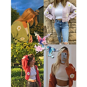 Womens Y2K Cardigan Sweaters Long Sleeve Open Front Cropped Flower Knit Cardigan Aesthetic 90s Shrug Back to College Outfits Mint Green