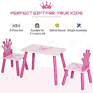 Qaba 3-Piece Kids Wooden Table and Chair Set with Crown Pattern Gift for Girls Toddlers Arts Reading Writing Age 2-4 Years Pink