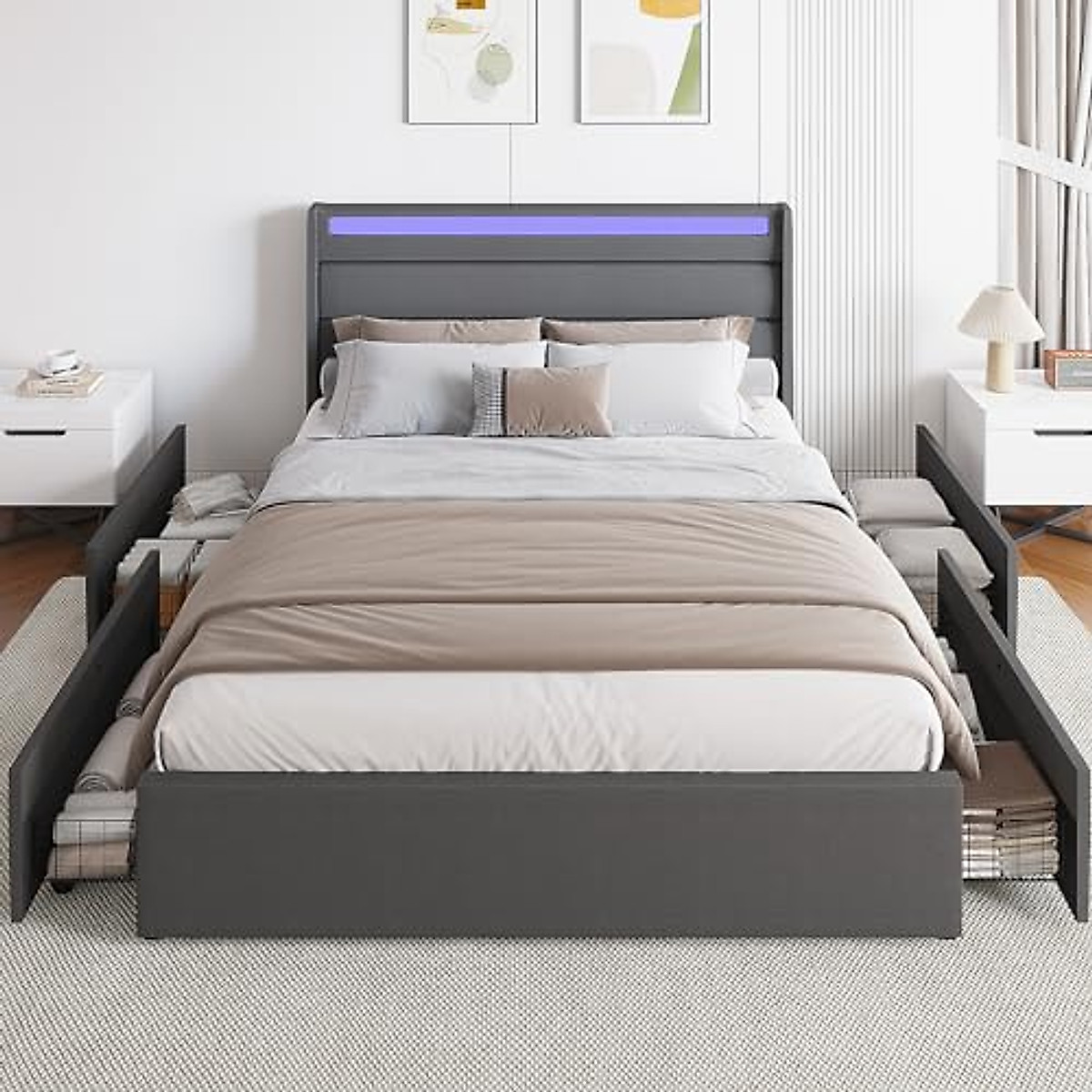 ClouDDwell Queen Bed Frame with RGBW LED Lights, Upholstered Headboard & 4 Storage Drawers, Thickened Hardwood Slats, Dark Grey