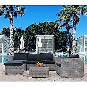 Polar Aurora 6pcs Patio Furniture Set PE Gray Rattan Wicker Sectional Outdoor Sofa Set Outside Couch w/Black Washable Seat Cushions & Modern Glass Coffee Table