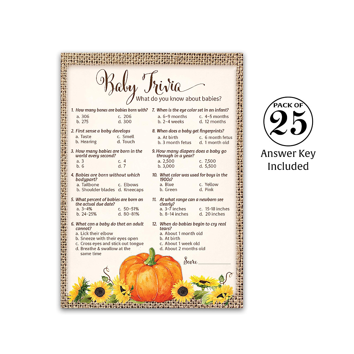 PUMPKIN Baby Shower Game, Pumpkins BABY TRIVIA Game — Pack of 25 — FALL Baby Shower, Rustic GENDER NEUTRAL Baby Shower Games, Little Pumpkin Autumn Fall Baby Halloween baby party games SKU G331-TRV
