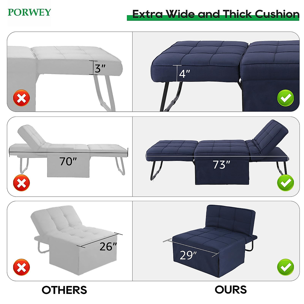 PORWEY Sleeper Chair Bed, 4-in-1 Convertible Futon Ottoman Bed Sleeper, Foldable Sofa Couch with Adjustable Backrest for Guest Room/Office Living Room, No Assembly Required, 29” Width, Dark Blue