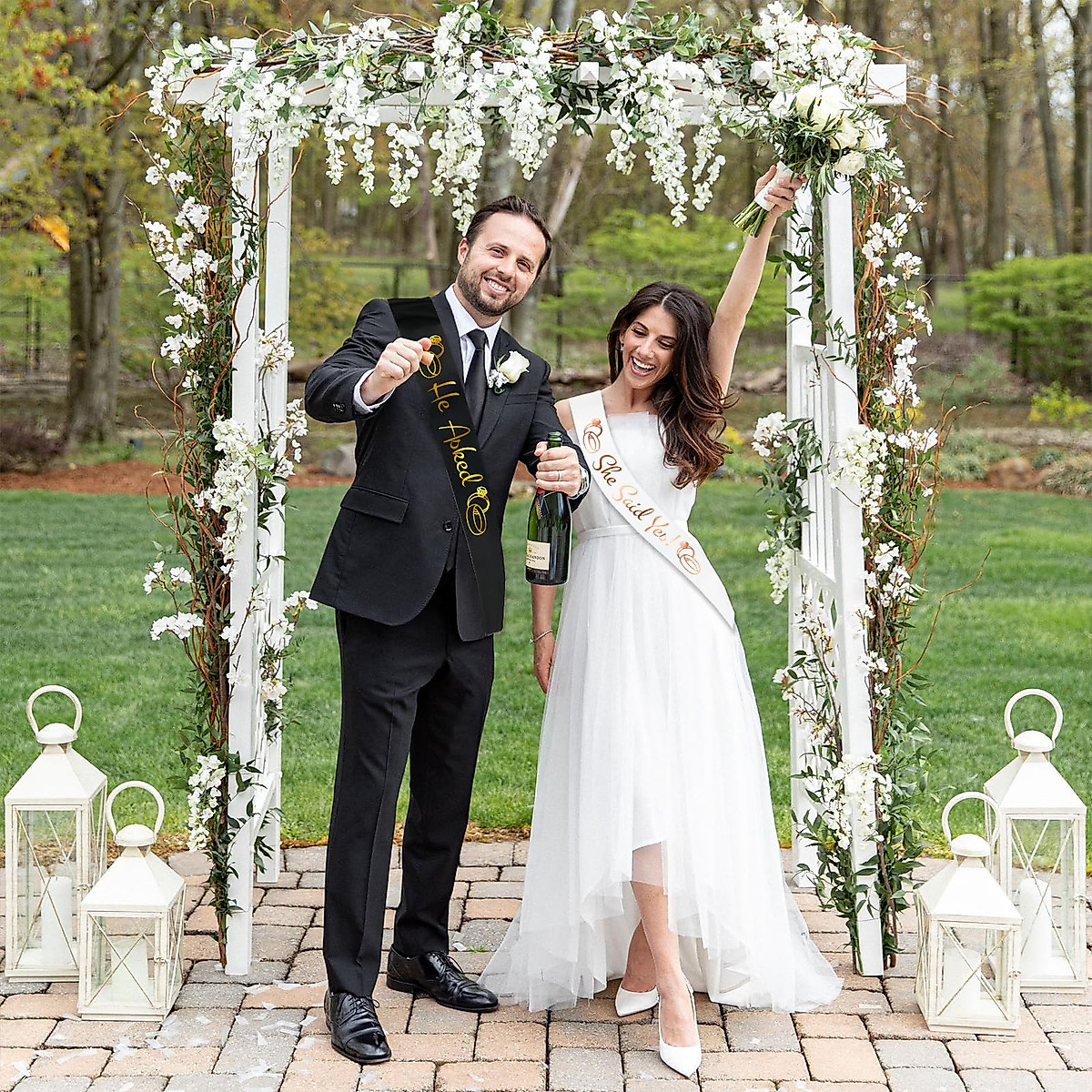 Generic He Asked & She Said Yes Sashes Kit, Funny Rose Gold Bride to Be Sash & Gold Groom to Be Sash for Wedding Engagement Bachelorette Bridal Shower Party Decor Favors Funny Gifts (White and Black)