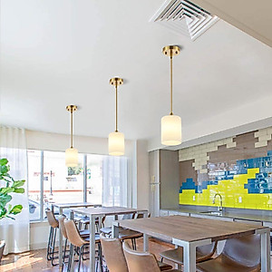 BYOLIIMA Modern Gold Pendant Light 3 Pack Brushed Brass Mid Century Chandelier White Cylinder Glass Shades Adjustable Rods Farmhouse Ceiling Hanging Lighting Fixture Kitchen Island Dining Room Bedroom