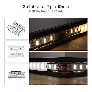 SEZO 3528 5630 5730 5050 UV Light Strip Connectors Kit 12PCS 2PIN 10mm Transparent Unwired Gapless Solderless LED Light Strip to Wire Connectors + 6PCS 15cm Long 20AWG Extension Wire