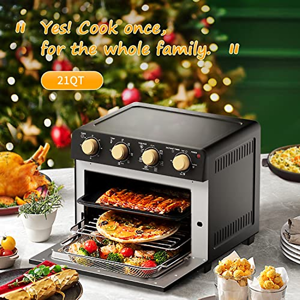 Air Fryer Toaster Oven, Feekaa Black and Gold Toaster, 4 Slice, 21QT 1700W Convection Countertop, 7-in-1 Combo, 7 Accessories, Healthy Cooking User Friendly
