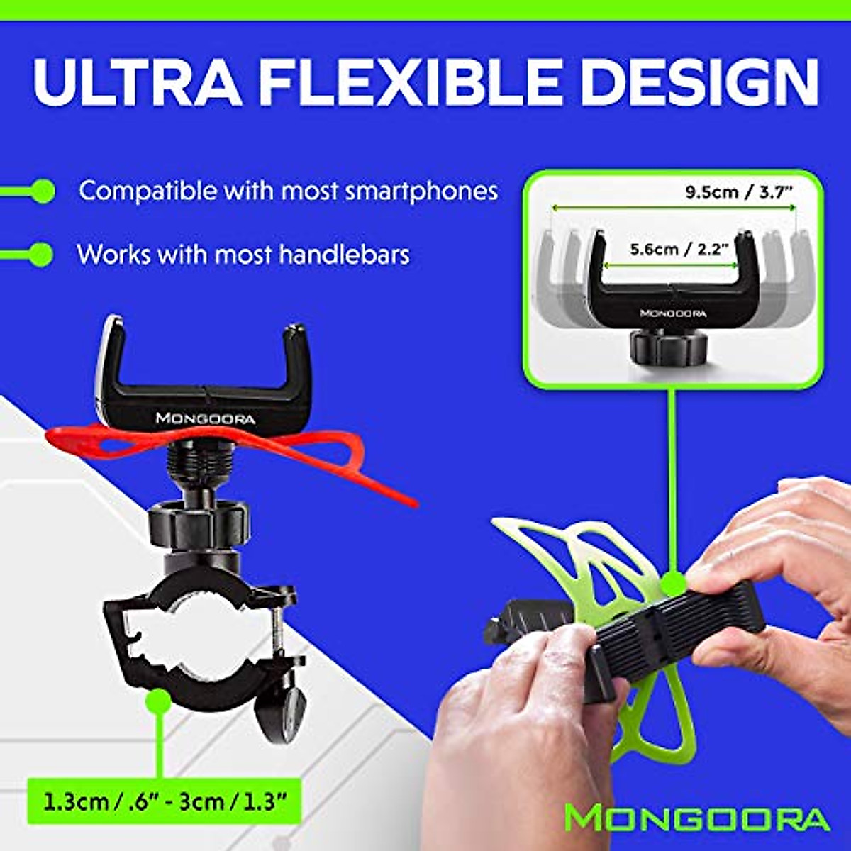 Mongoora Bike & Motorcycle Phone Mount - GPS Cell Phone Holder for Bicycle Handlebar - Easy to Install Bike Accessories Fits iPhone, Galaxy, Android - Stocking Stuffers - 3 Bands (Black, Red, Green)