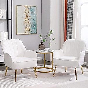 HANLIVES Accent Chair Set of 2,Modern Mid Century Teddy Fabric Armchair,Ergonomics Comfy Arm Chair for Living Room Bedroom Office Waiting Room,Barrel Chairs (Off White*2)