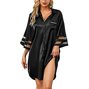 HBZDQB Womens Nightshirts Sexy Silky Sleepwear with Pocket Button Up Long Sleeve Sleepshirt Nightgown Cute Nighty Black M