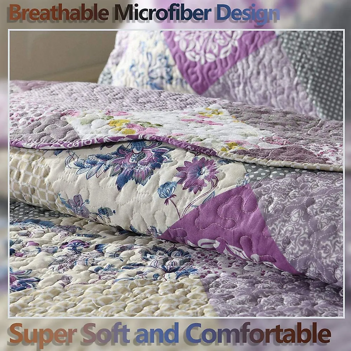 ENJOHOS King Size Quilt Set - 3 Pieces Purple Patchwork King Quilt with 2 Pillowcases, Lightweight Reversible Country Bedspread with Floral Design