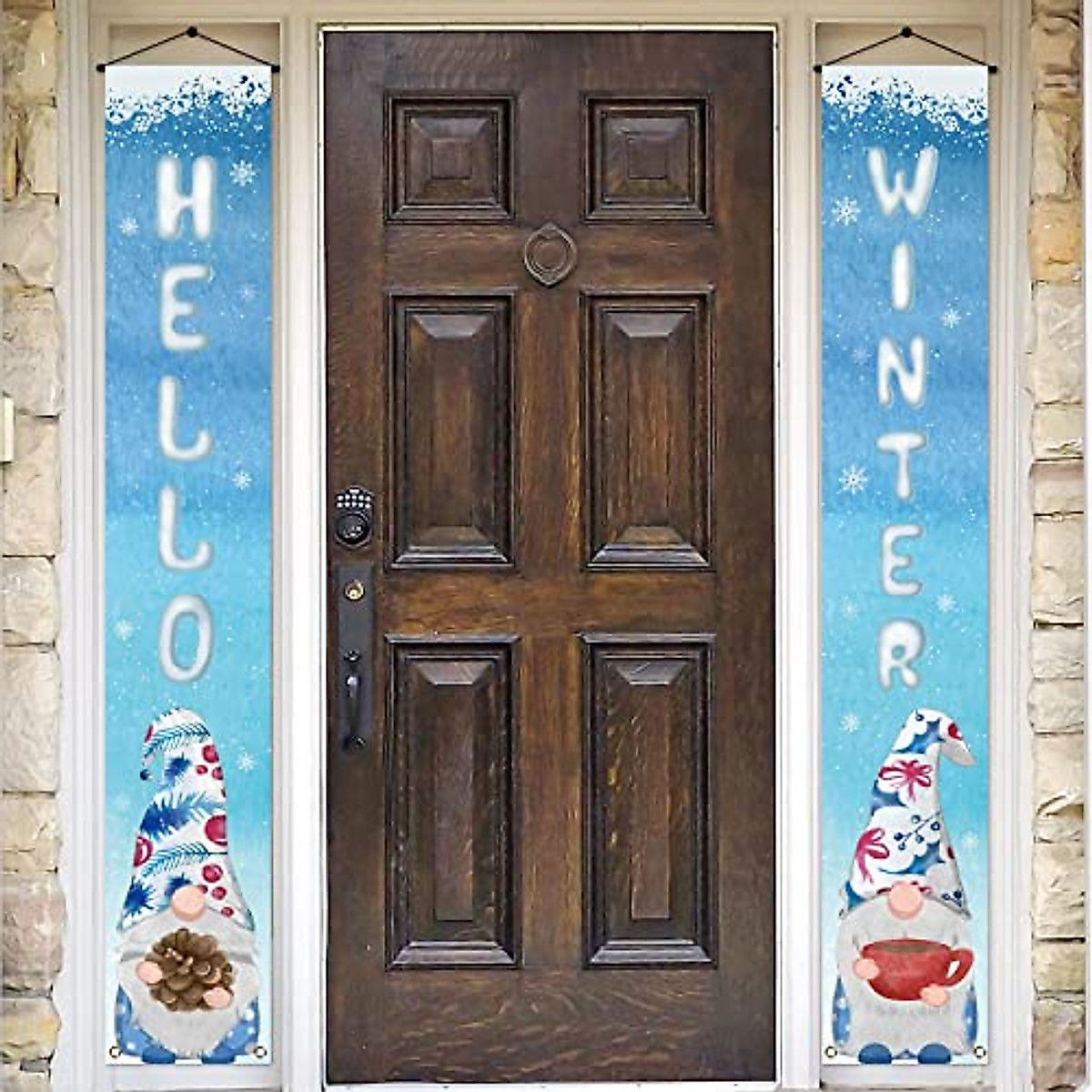 Pudodo Hello Winter Gnome Porch Banner Swedish Elf Snow Christmas Xmas Holiday Front Door Sign Wall Hanging Party Decoration