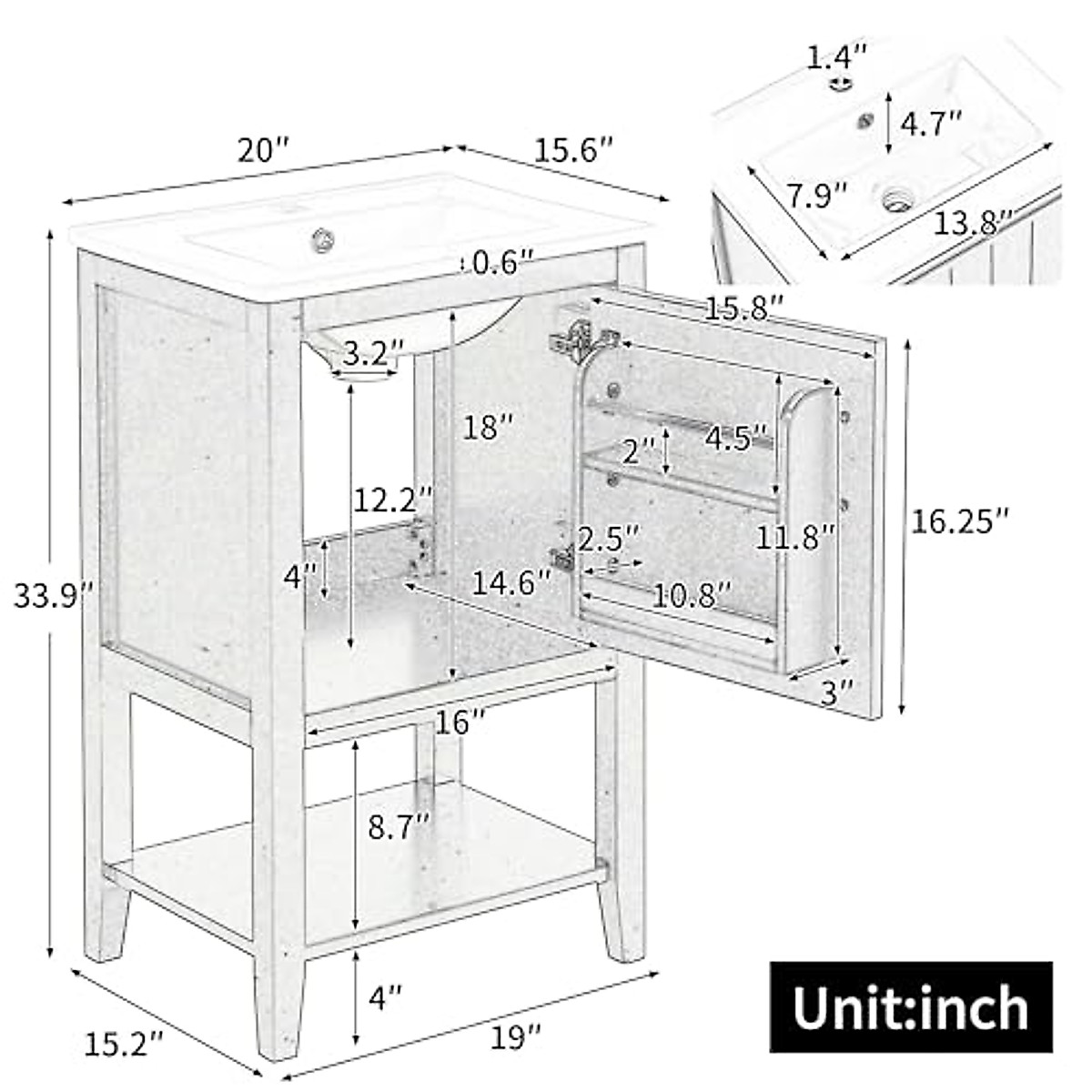 20" Bathroom Vanity Cabinet with Ceramic Sink Top Set, Freestanding, Two-Tier Storage Rack, Soft Closing Door, Black