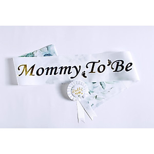 PATICARRY NEW HAPPYLAND - Neutral Maternity Sash & Daddy to Be Tinplate Badge Pin - Gender Reveal Party Neutral Sage Green - Sash Leaves Greenery Mom to be & New Dad Baby