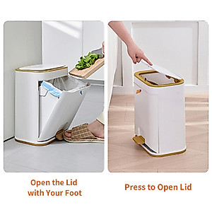 Bathroom Trash Can with Lid, Plastic 3 Gallon Garbage can with Press top Lid, Gold Step Pedal Trash can, Narrow White Trash bin for Kitchen, Bathroom, Bedroom, Living Room, Office, Dog Proof Trash Can