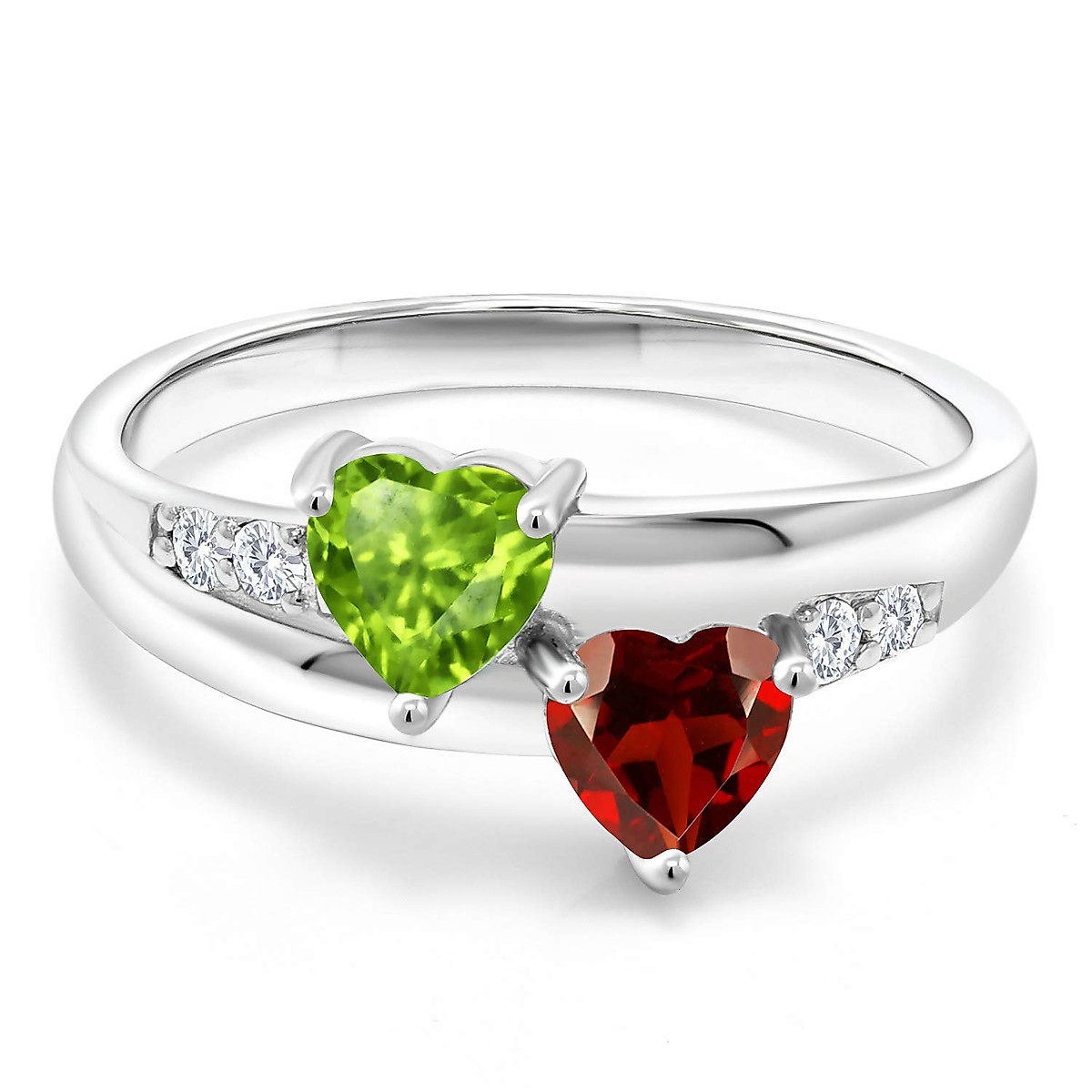 Gem Stone King 925 Sterling Silver Green Peridot Red Garnet and White Lab Grown Diamond Women Ring (1.13 Cttw Heart Shape, Available in size 5, 6, 7, 8, 9)