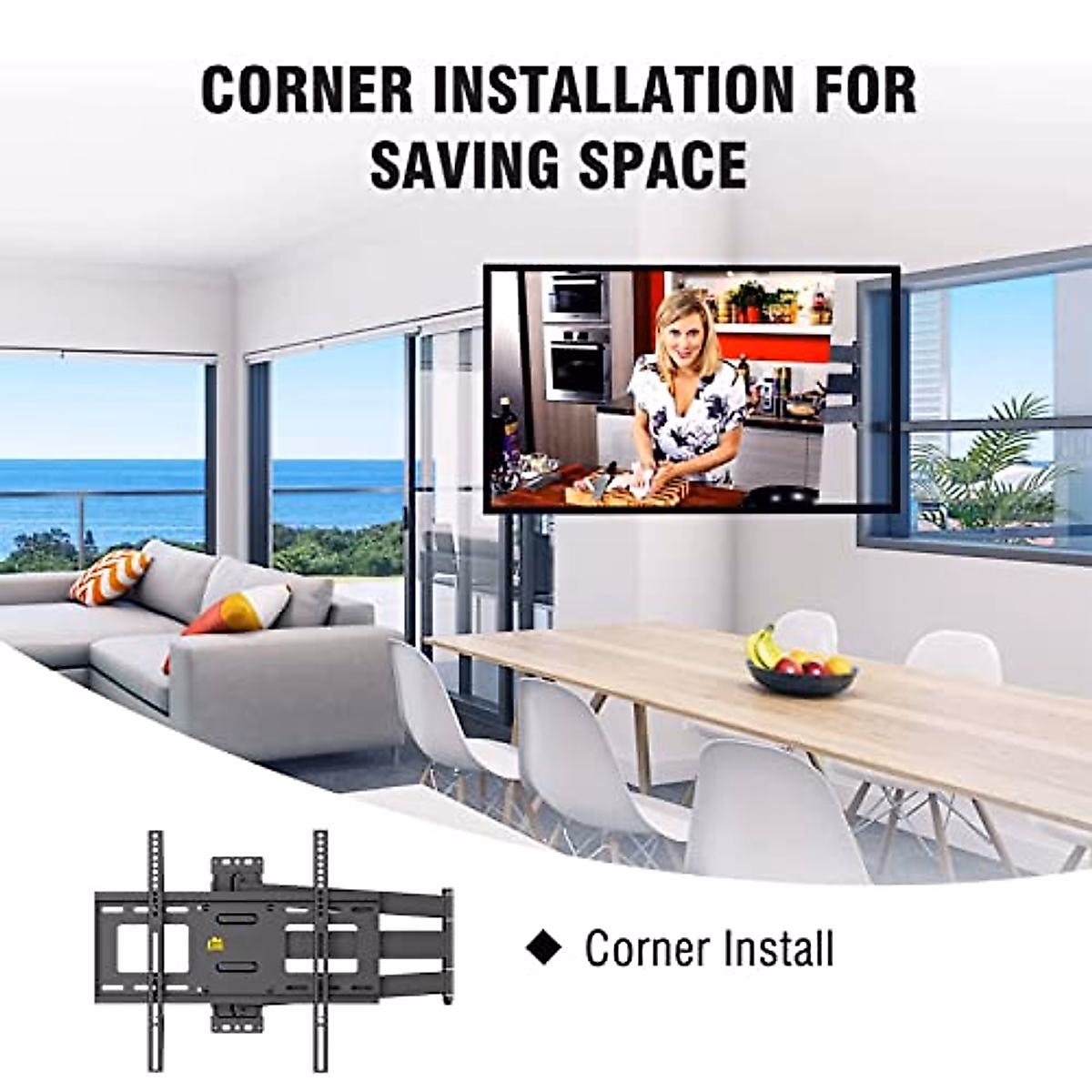 FORGING MOUNT Corner TV Wall Mount Long Arm TV Mount for 23"-60" TVs-Easy to Install Single Stud Design- 33" of Smooth Extension Plus Swivel,Tilt,Holds 99lbs,Universal Bracket Max VESA 400X400mm.