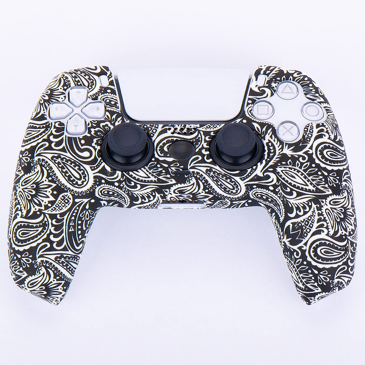 YoRHa Water Transfer Printing Silicone Thickened Cover Skin Case for PS5 Controller x 1(Leaves Red) with Thumb Grips x 10