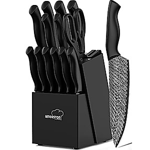 Knife Set, 15 Pieces Damascus Kitchen Knife Set with Built in Knife Sharpener Block, Dishwasher Safe, German Stainless Steel Knife Block Set