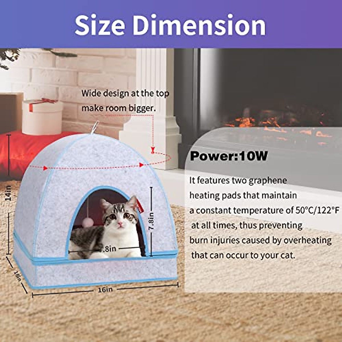 NOCAESON Cat Bed for Indoor Cats, Cat House Year Round with Heating Pad and Fluffy Ball Hanging, Foldable Heated Cat House for Joint-Relief and Hidewawy, 16x16x14 inches, Grey