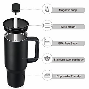 Pawtong 40oz Magnetic Lid Insulated Tumbler with Handle, 360° Rotating & Removable Cover, Leak-Proof Travel Mug with Soft Silicone Straw for Drivers, Commuters, Road Trips, Dishwasher Safe (Black)