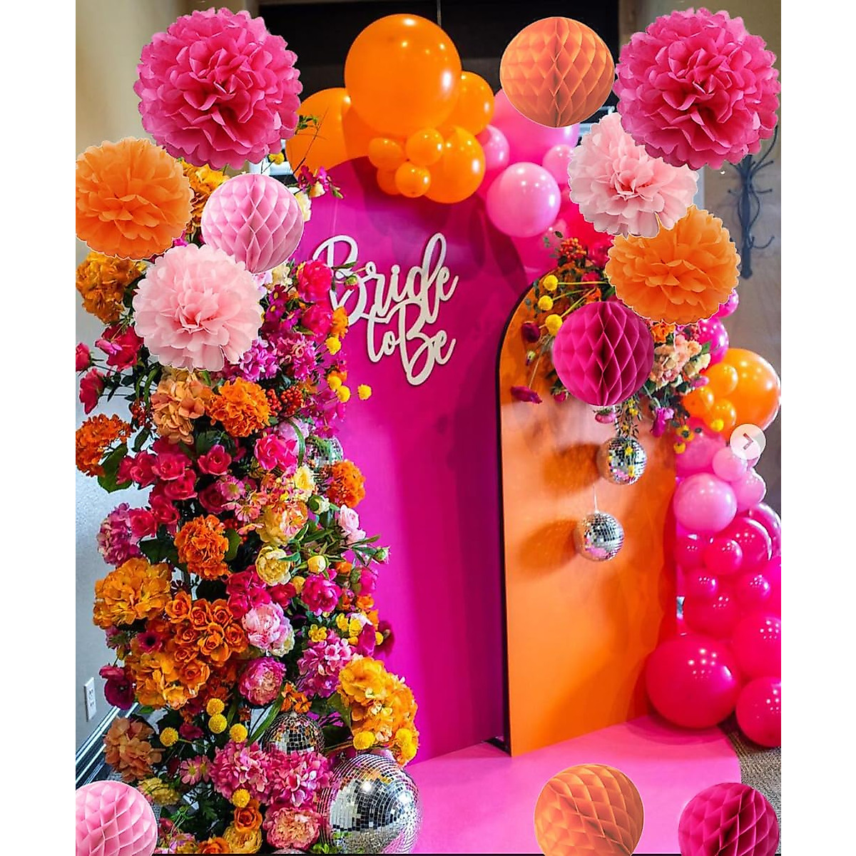 15PCS Hot Pink Orange Party Decorations Tissue Paper Flowers Pom Poms Honeycomb for Girl Groovy Birthday Baby Shower Wedding Bachelorette Summer Flamingo Party Nursery Wall Hanging Décor