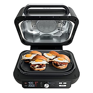 Ninja IG601 Foodi XL 7-in-1 Indoor Grill Combo, use Opened or Closed, Air Fry, Dehydrate & More, Pro Power Grate, Flat Top Griddle, Crisper, Black, 4 Quarts