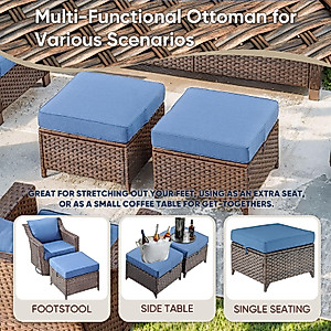 Opohoro 5 Pieces Patio Conversation Sets-Outdoor Furniture All Weather Wicker Couch with Swivel Glider Chair Patio Conversation Set for Porch Garden Backyard Poolside-Brown/Blue