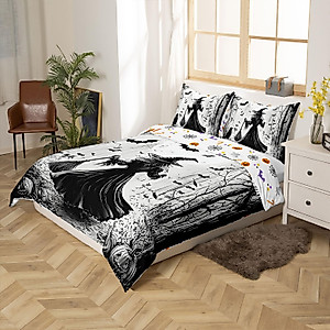 Erosebridal Twin Witch Comforter Cover, Happy Halloween Duvet Cover for Kids Boys Teens Adult Room, Pumpkin Lantern Bedding Set Bat Raven Gothic Spooky Bed Set with 1 Pillow Case, Grey White