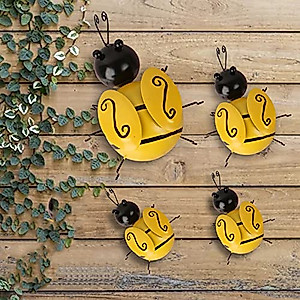 【4 Pack】Metal Wall Art Bee, Metal Bumble Bee Wall Décor, 3D Iron Bee Art Sculpture Hanging Wall Decorations for Outdoor Home Garden Patio Yard Lawn Fence