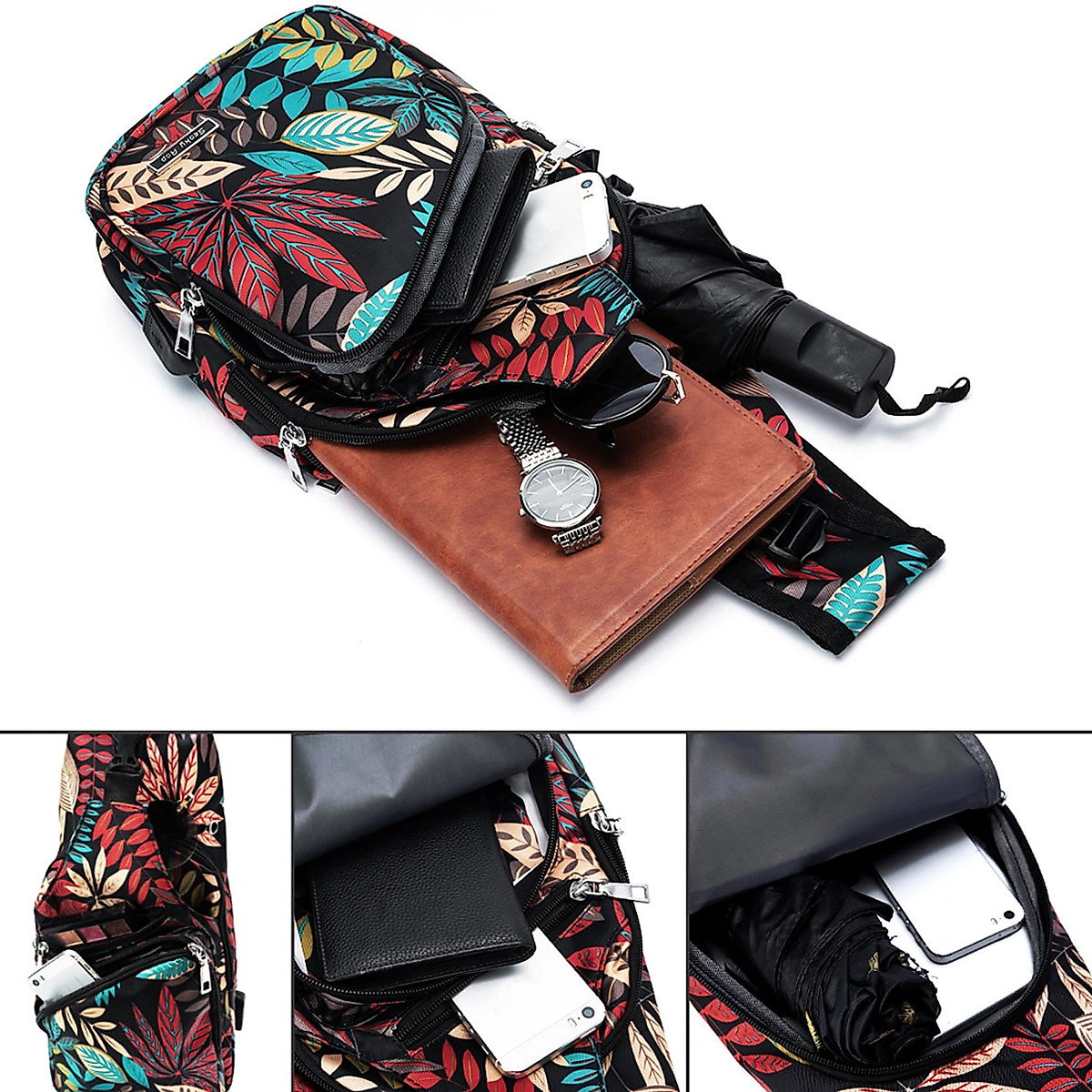 Seoky Rop Men Women Sling Backpack Anti Theft Crossbody Shoulder Chest Bag with USB Charging Port, Leaves