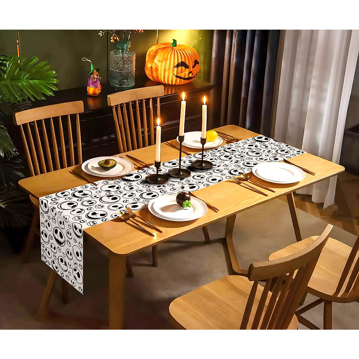 Vohado Nightmare Before Christmas Table Runner Jack Skellington Birthday Party Decorations Halloween Sugar Dining Room Home Kitchen Decor (White, 13" x 90")
