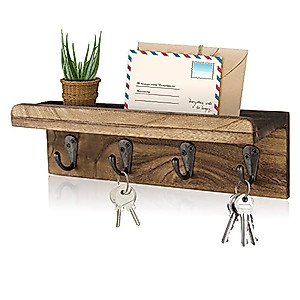 HRONRAD Rustic Key Holder for Wall, Farmhouse Wall Shelf with 4 Hooks, Wall Mounted Key Racks, Wooden Mail Organizer with Hooks for Entryway