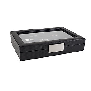 Glenor Co Cufflink Box for Men - Holds 70 Cufflinks - Luxury Display Jewelry Case -Carbon Fiber Design - Metal Buckle Holder, Large Glass Top - Black