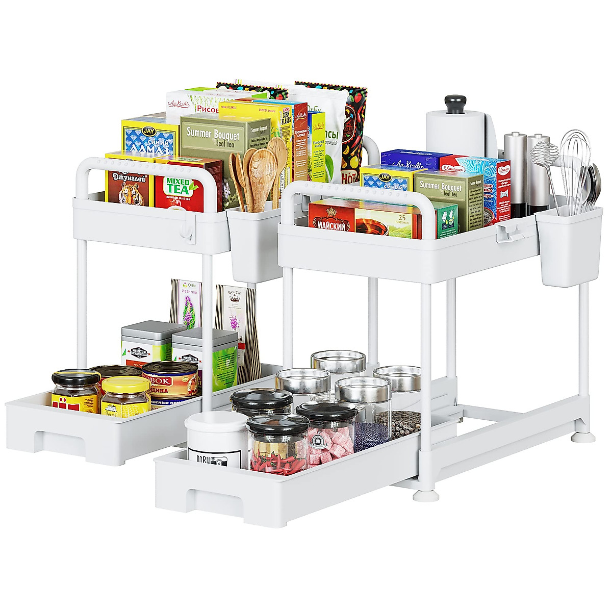 DAILOU Under Sink Organizers and Storage 2 Pack, Bathroom Cabinet Organizer with Sliding Drawers, 2 Tier Kitchen Under Cabinet Storage with Handles, Hooks and Hanging Cup (White)