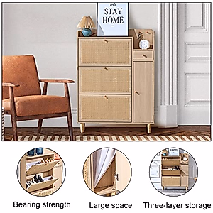 YardGo Freestanding Shoe Cabinet with 3 Flip Drawers and Door, Modern Rattan Shoe Storage Organizer, Small Household Furniture for Entryway, Hallway, Living Room