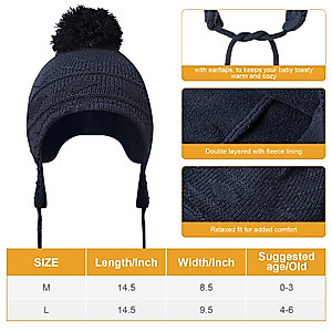 Winter Toddler Hat and Mittens Knit Earflap Hat and Fleece Mitten Gloves Set for Baby Boys Girls(Navy Blue)