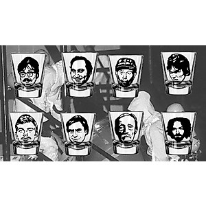 8 Set of Serial Killer Shot Glasses Bundy Kemper Ramirez Gein Fish Berkowitz Manson Dahmer