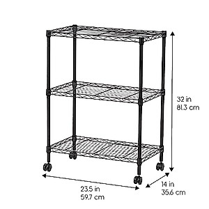 IRIS USA 3-Tier Adjustable Steel Storage Rack with Removable Locking Casters (Up to 600 lbs Loading Capacity), Easy Assembly Wire Organization Unit with Metal Shelves, Black (23.5"L x 14"W x 32"H)